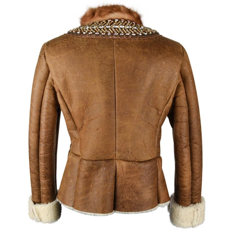 Prada Jacket Distressed Shearling Mink Trim and Jeweled Collar 40 / 6 For Sale at 1stDibs