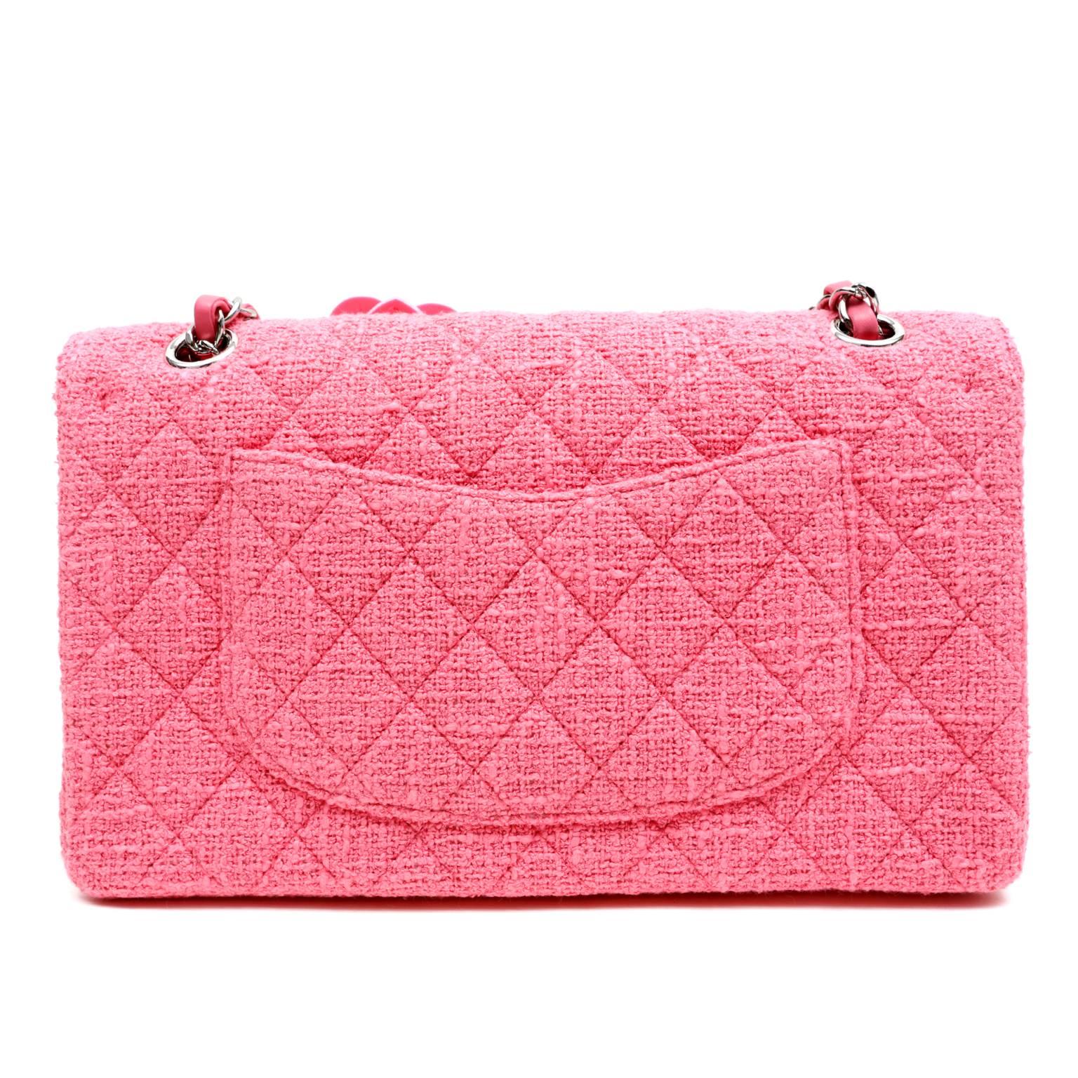 Chanel Pink Camellia Flower Tweed Double Flap Classic at 1stDibs