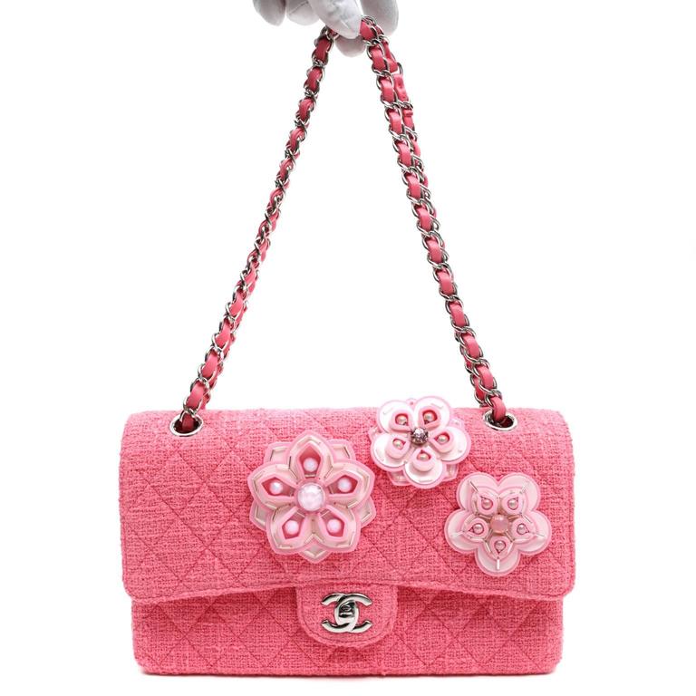 Chanel Pink Camellia Flower Tweed Double Flap Classic at 1stDibs