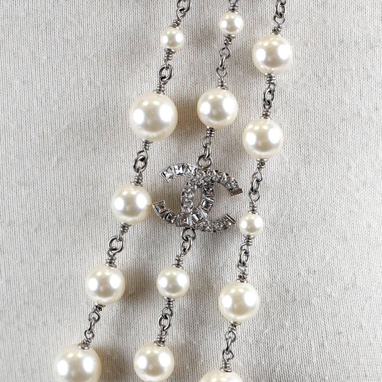 Chanel Crystal Jewel Butterfly Bow Multi Strand Pearl Necklace For Sale ...
