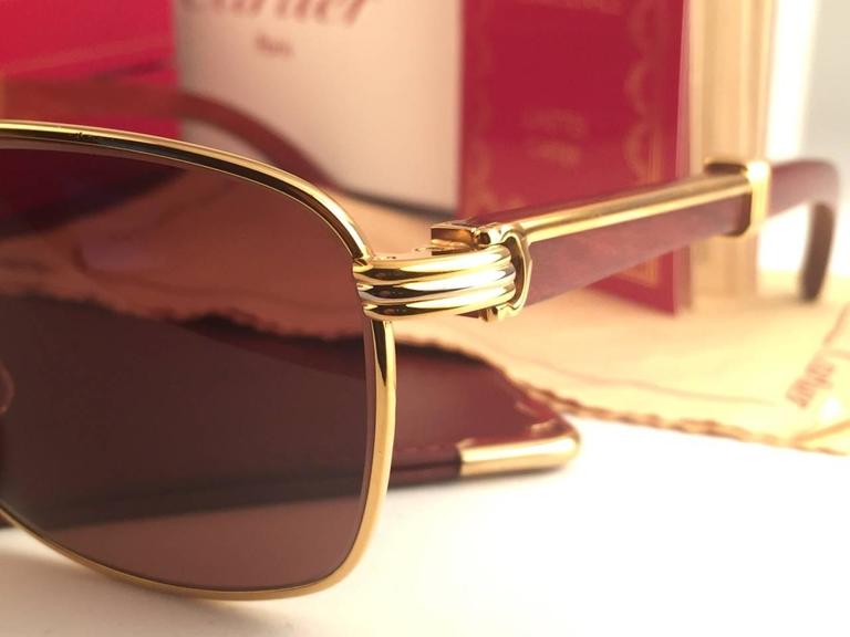 New Cartier Wood Amboise Gold and Precious Wood 56MM Sunglasses Brown ...