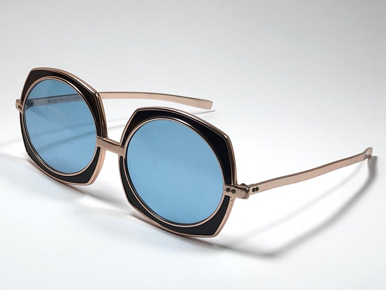 Vintage Renauld Rose Gold Oversized Frame Blue Lens 1980 Sunglasses ...