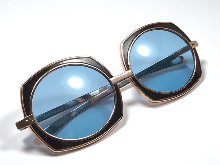 Vintage Renauld Rose Gold Oversized Frame Blue Lens 1980 Sunglasses ...