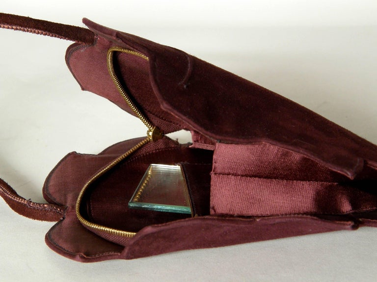 Curvaceous Falling Leaf Shaped Handbag in Aubergine Colored Suede at ...