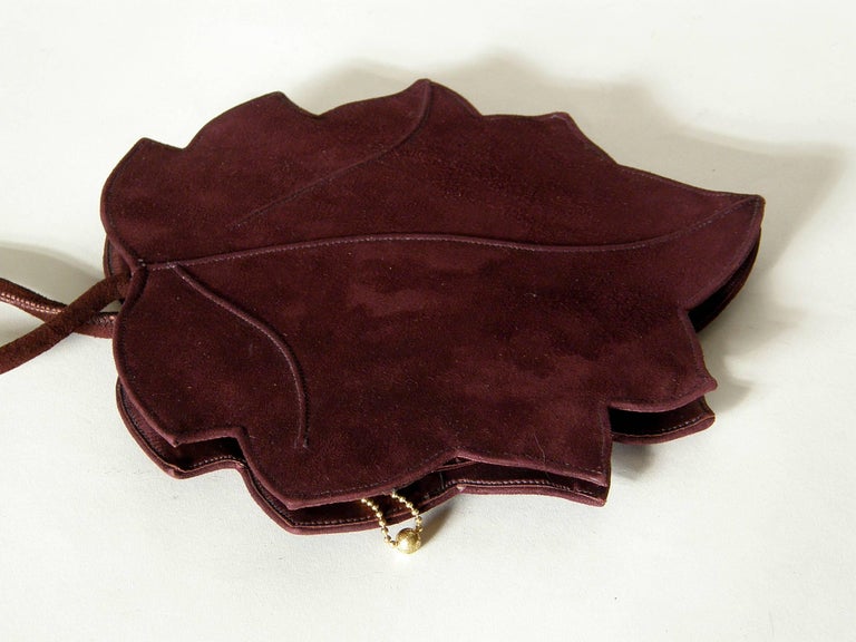 Curvaceous Falling Leaf Shaped Handbag in Aubergine Colored Suede at ...