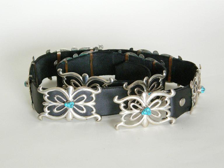 Native American Sterling and Turquoise Concho Belt on Black Leather at ...