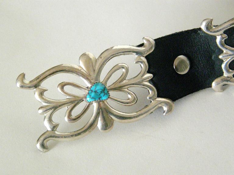 Native American Sterling and Turquoise Concho Belt on Black Leather at ...
