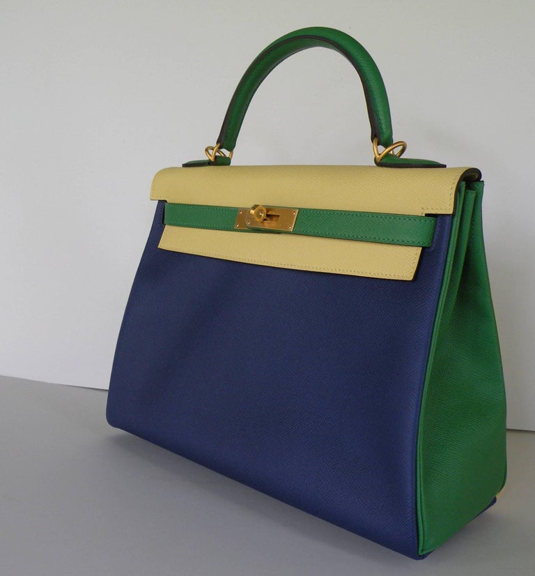 Hermes Kelly 32 Bag Tri Color HSS Bamboo Blue Electric Jaune Poussin ...