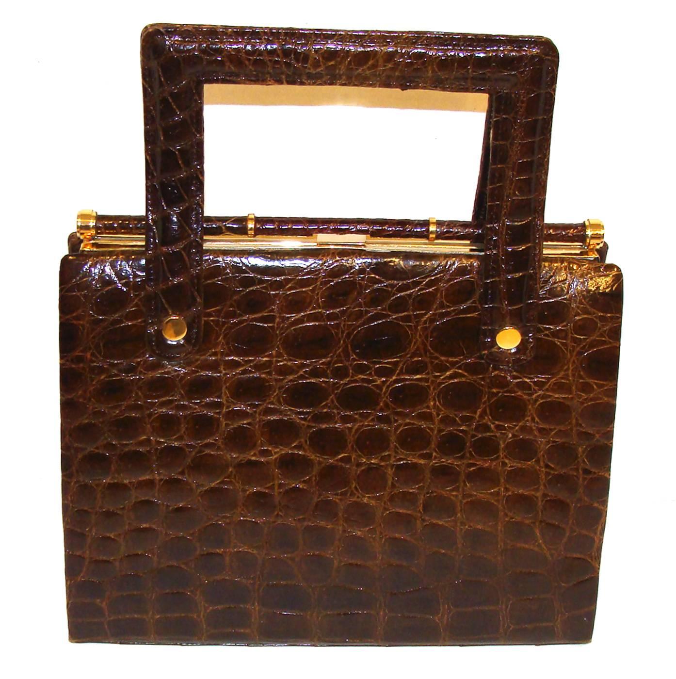 Large Architectural Handbag in Brown Alligator with Kangaroo Pocket at ...