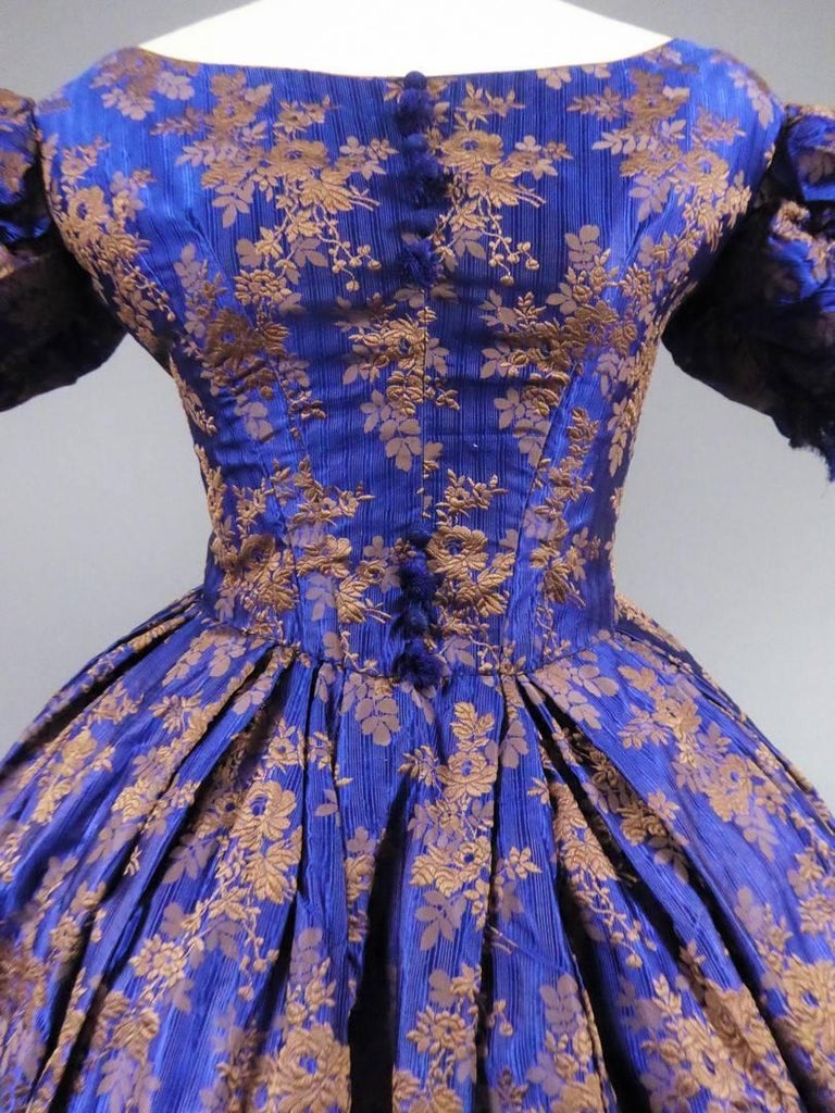 Deep blue brocaded silk crinoline ball-gown – Circa 1850 at 1stDibs