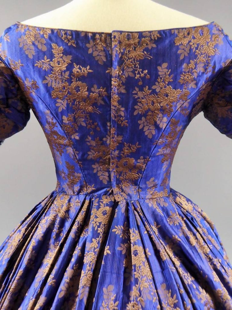 Deep blue brocaded silk crinoline ball-gown – Circa 1850 at 1stDibs