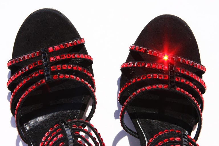 New BALMAIN Red Rhinestones Ankle Shoe Sandals Black Glitter Suede It ...