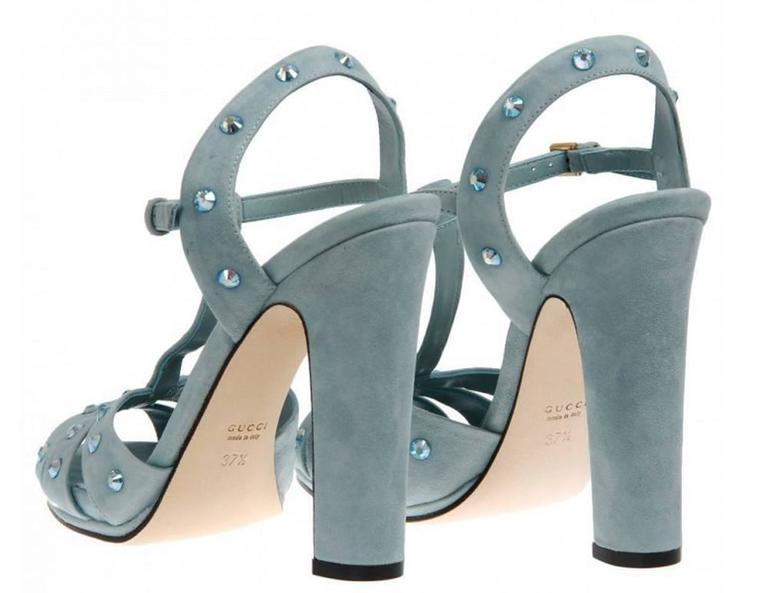 New GUCCI Light Blue Crystal Embellished Suede High Heel Shoes Sandals ...