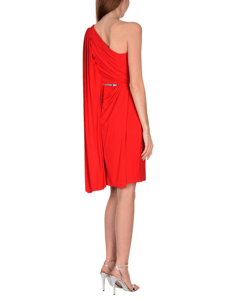 New VERSACE One Shoulder Red Jersey Cocktail Crystal Embellished Dress ...