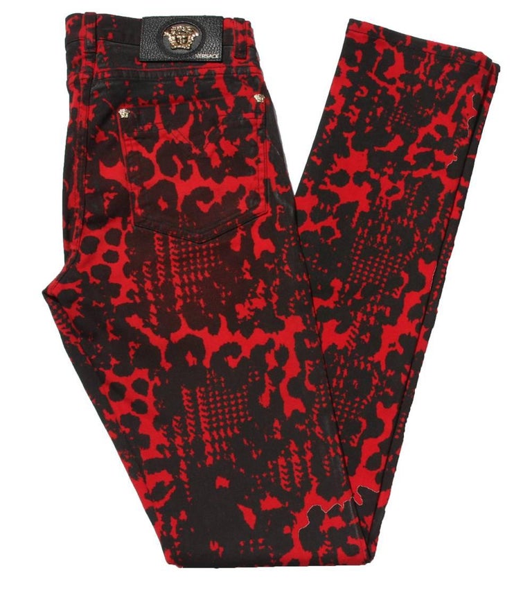 New $795 Versace Red Black Medusa Leopard Graphic Print Stretch Denim ...