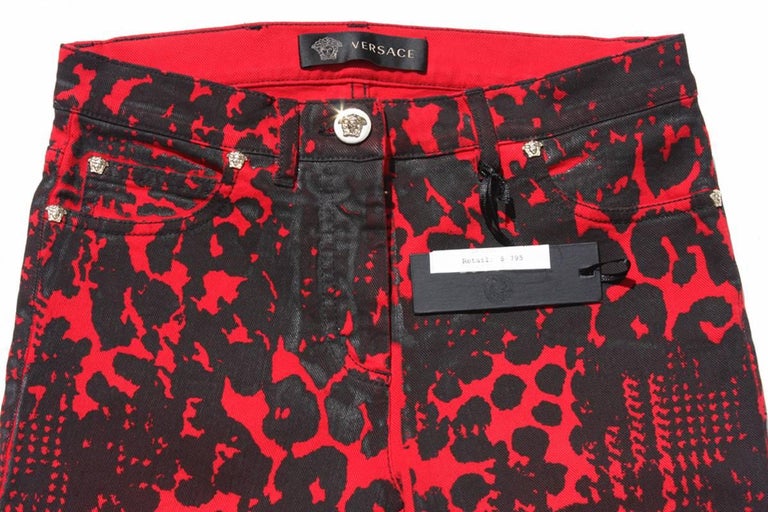 New $795 Versace Red Black Medusa Leopard Graphic Print Stretch Denim ...