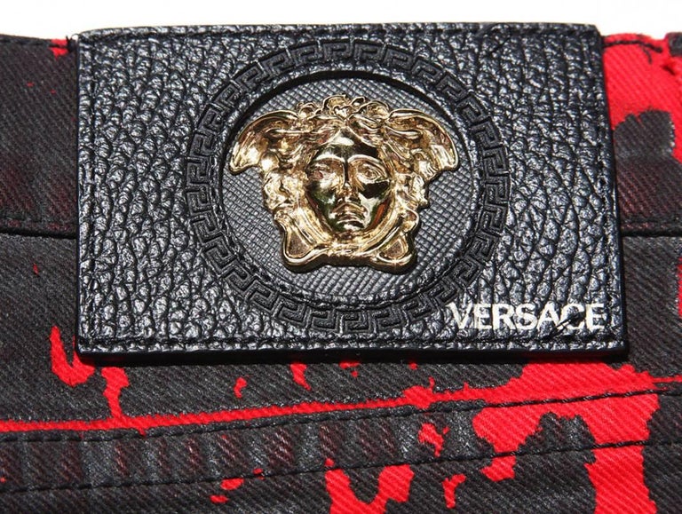 New 795 Versace Red Black Medusa Leopard Graphic Print Stretch Denim