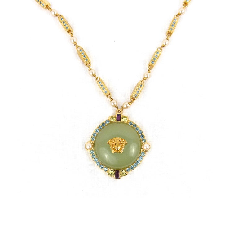 Gianni Versace jade green medusa pendant necklace with coloured stones ...