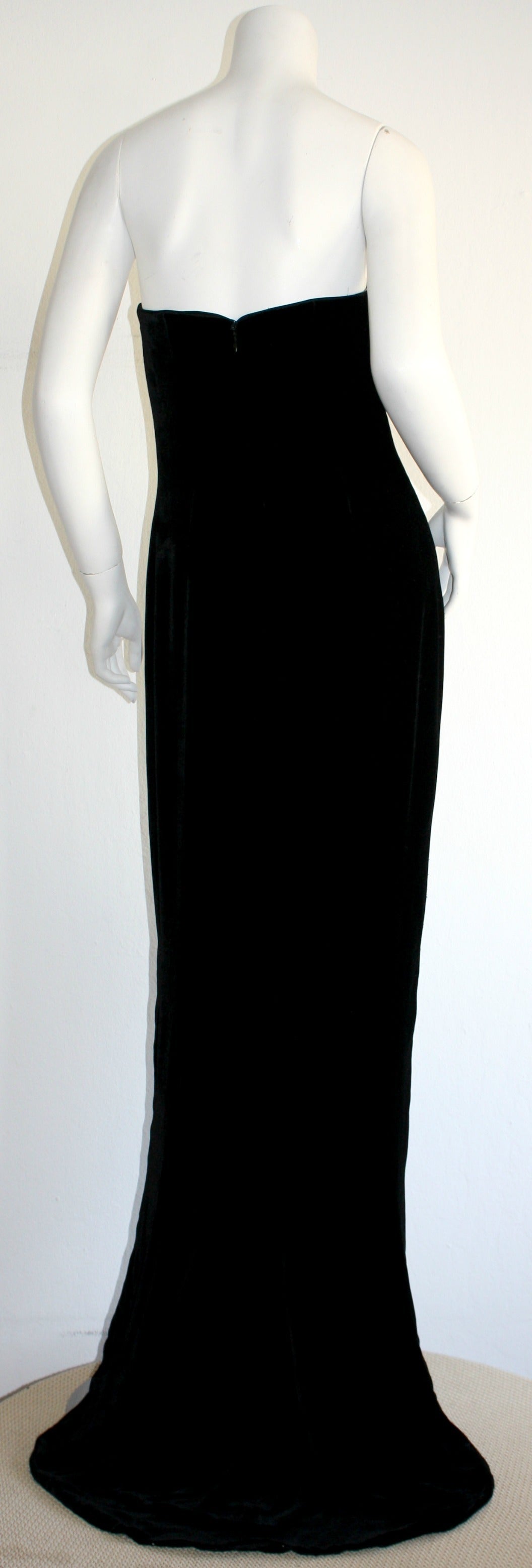 Stunning 1990s James Purcell Black Silk Velvet Strapless Gown w ...