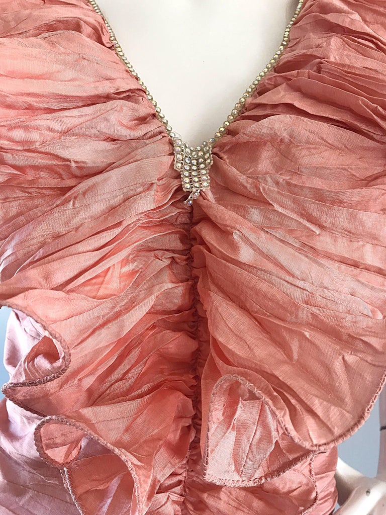 Avant Garde 1980s Pink Rhinestones + Ruffles Sleeveless 80s Cocktail ...