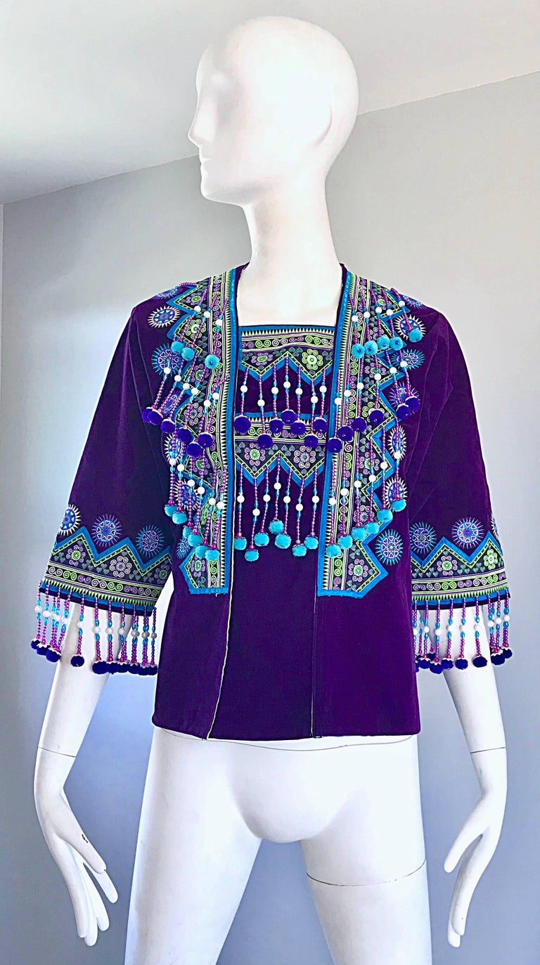 1970s Purple Hmong Velvet Boho Velvet Beaded Pom Vintage 70s Kimono ...
