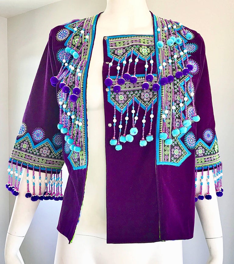 1970s Purple Hmong Velvet Boho Velvet Beaded Pom Vintage 70s Kimono ...