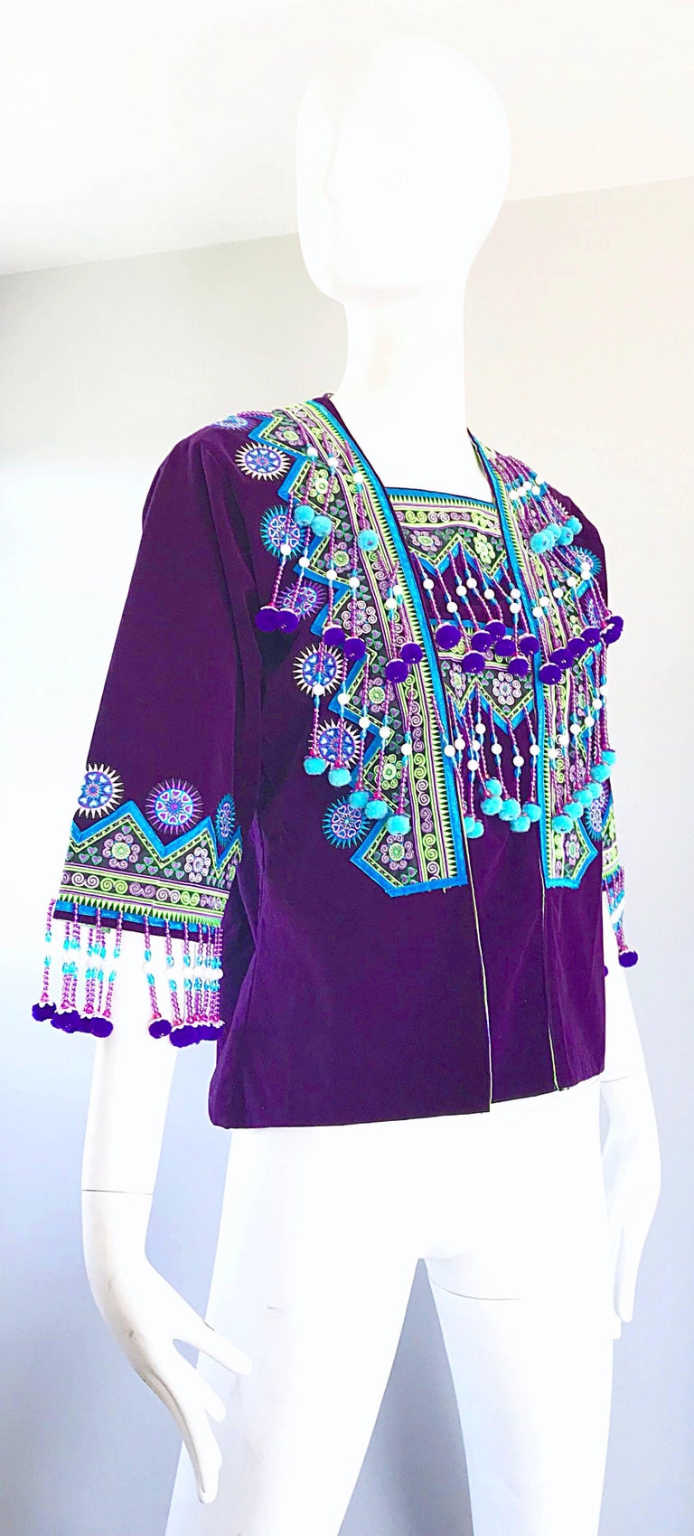 1970s Purple Hmong Velvet Boho Velvet Beaded Pom Vintage 70s Kimono ...