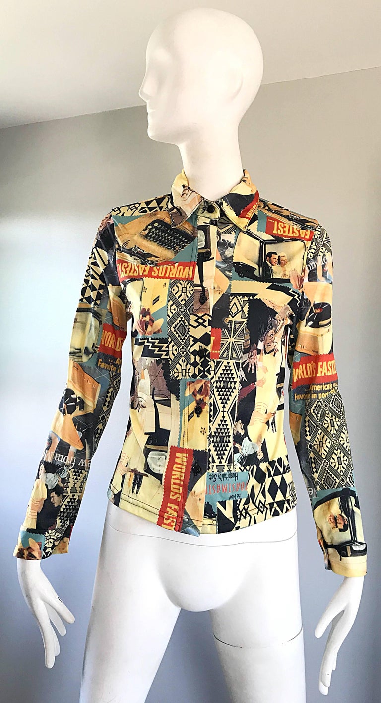 Amazing 1970s Novelty Print 50s Themed Long Sleeve Button Down Fitted Blouse For Sale at 1stDibs