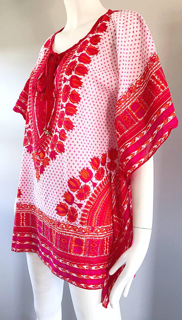 1970s Biba Hot Pink + Orange + Red Boho Ethnic Cotton Caftan Vintage ...