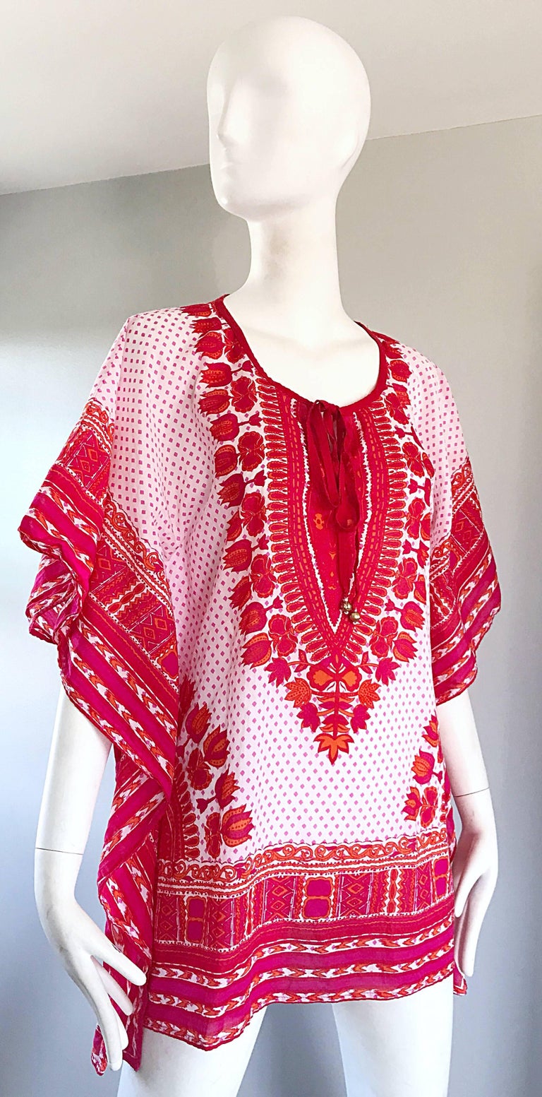 1970s Biba Hot Pink + Orange + Red Boho Ethnic Cotton Caftan Vintage ...