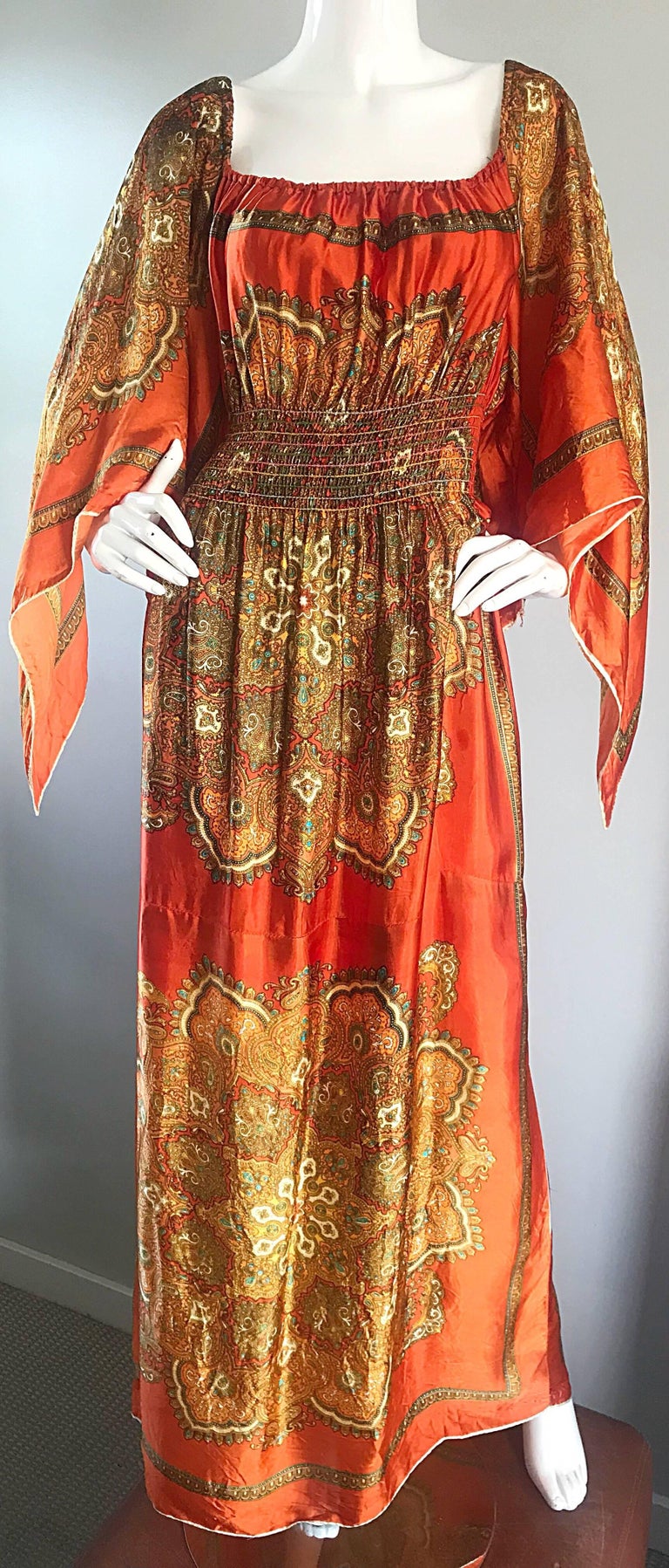 Amazing 1970s Off - Shoulder Boho Ethnic Print Silky Vintage 70s Maxi ...