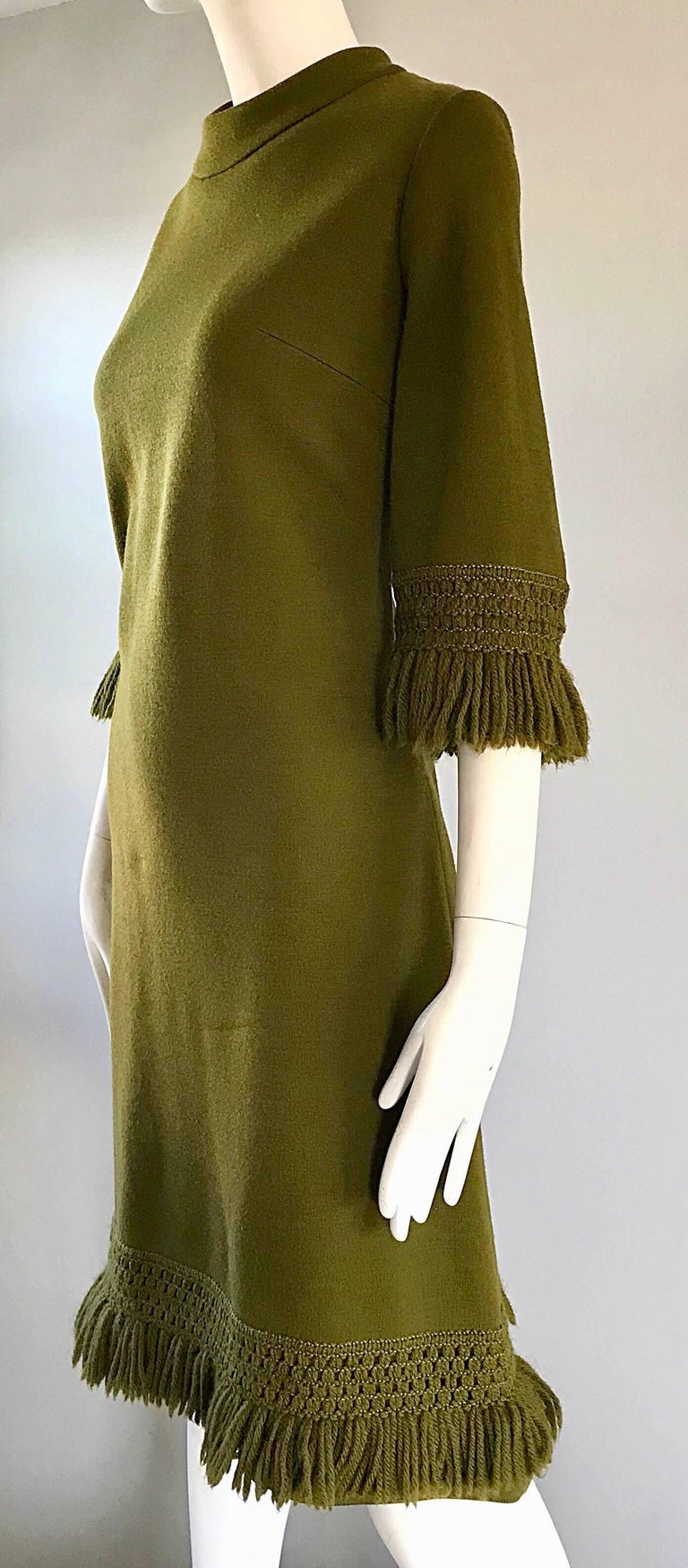 1960s Hunter Forest Green 3/4 Sleeves Fringe Hem Chic Vintage 60s Wool ...