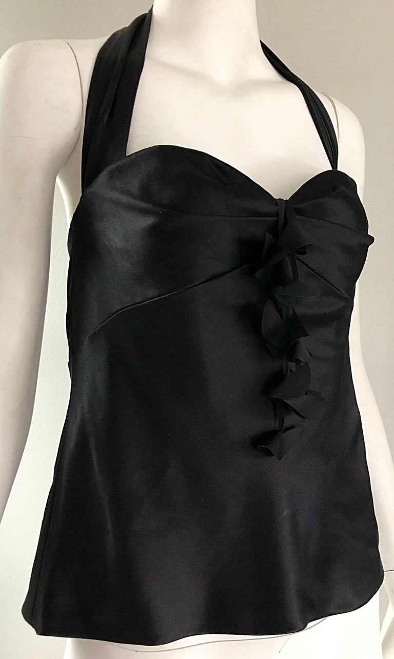 1990s Jackie Rogers Black Silk Pom Pom Vintage 90s Sexy Halter Top