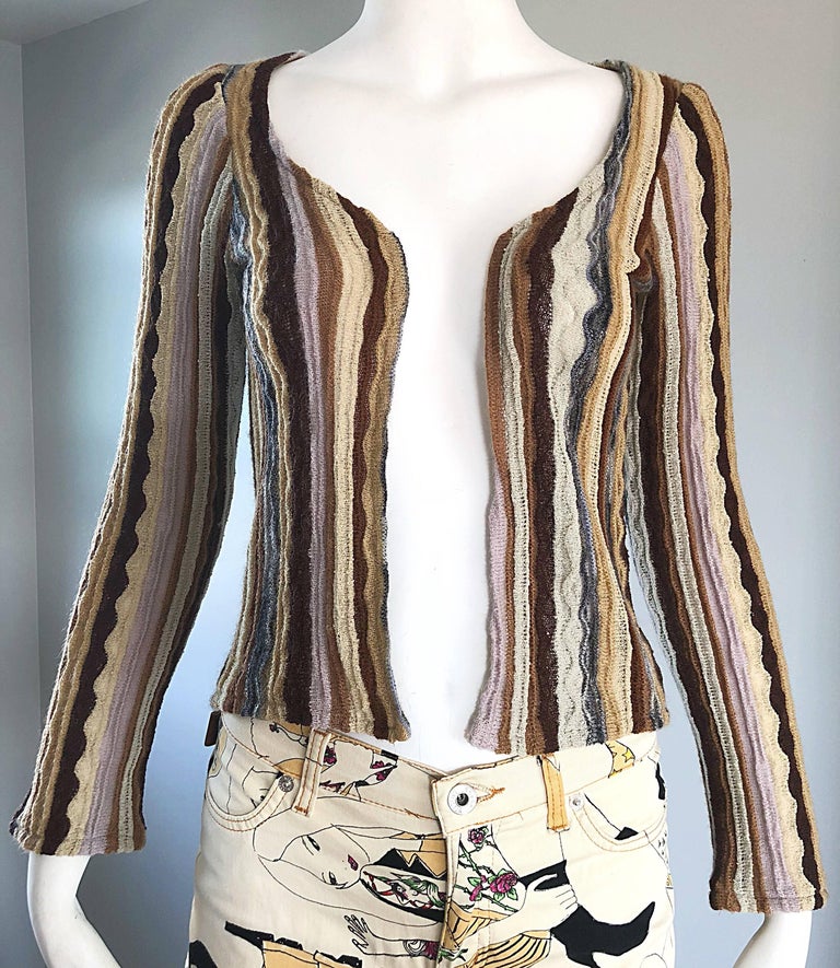 Missoni Vintage Pink Brown Ivory Striped Open Front Cardigan Sweater ...