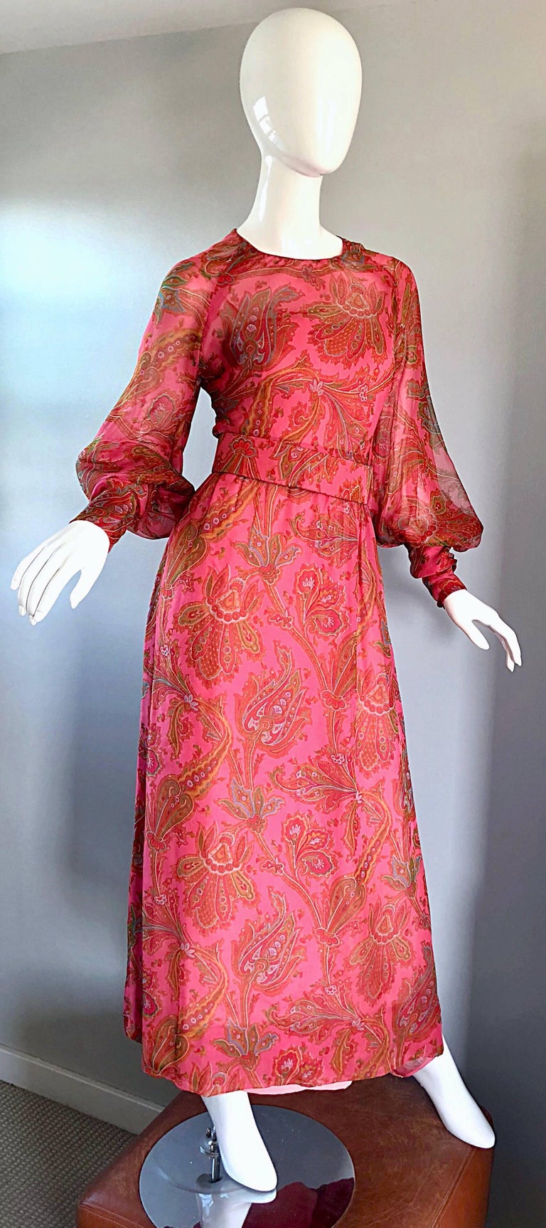 Adele Simpson 1970s Pink Silk Chiffon Paisley Bishop Sleeve Vintage Maxi Dress For Sale at 1stDibs