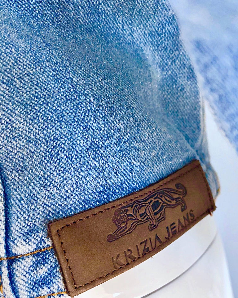 1990s Krizia Vintage Size 8 / 10 Light Blue Jean Denim Glitter Moto ...