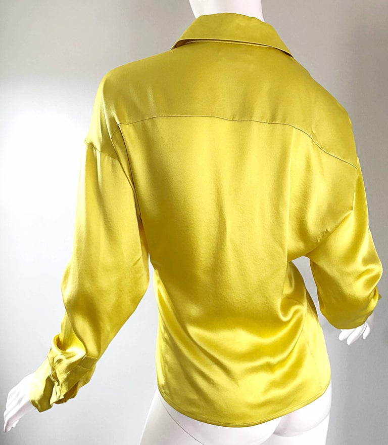 Vintage Yves Saint Laurent 1990s Chartreuse Long Sleeve Liquid Silk ...