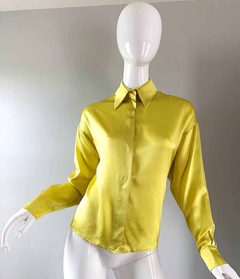 Vintage Yves Saint Laurent 1990s Chartreuse Long Sleeve Liquid Silk ...