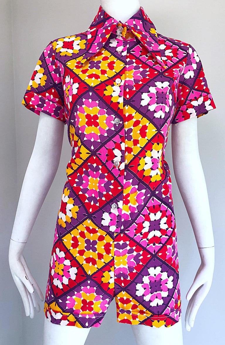 Amazing 1970s Deadstock Kaleidoscope Print One Piece Vintage 70s Romper ...