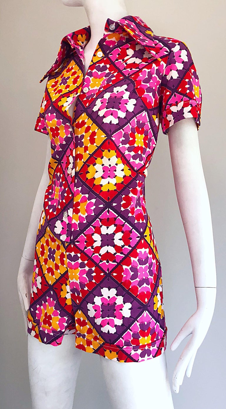 Amazing 1970s Deadstock Kaleidoscope Print One Piece Vintage 70s Romper ...
