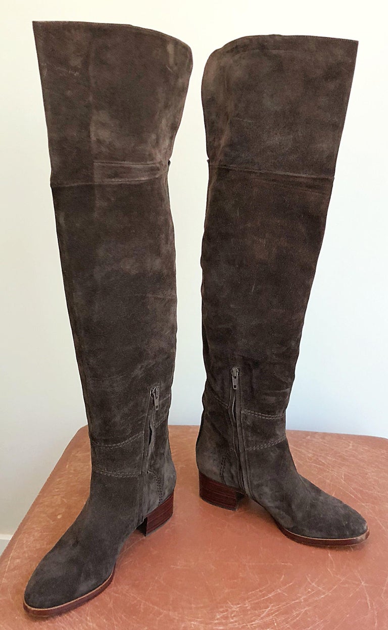 New Chloe Size 37 / 7 Brown Suede Leather Over The Knee Riding Boots ...