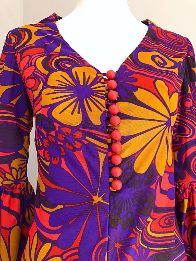 1970s Purple + Orange + Blue Flower Power Vintage 70s Tunic Mini Dress ...
