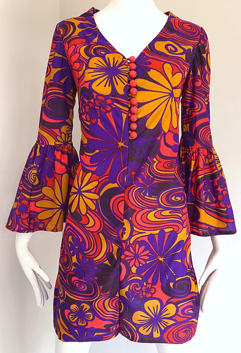 1970s Purple + Orange + Blue Flower Power Vintage 70s Tunic Mini Dress ...