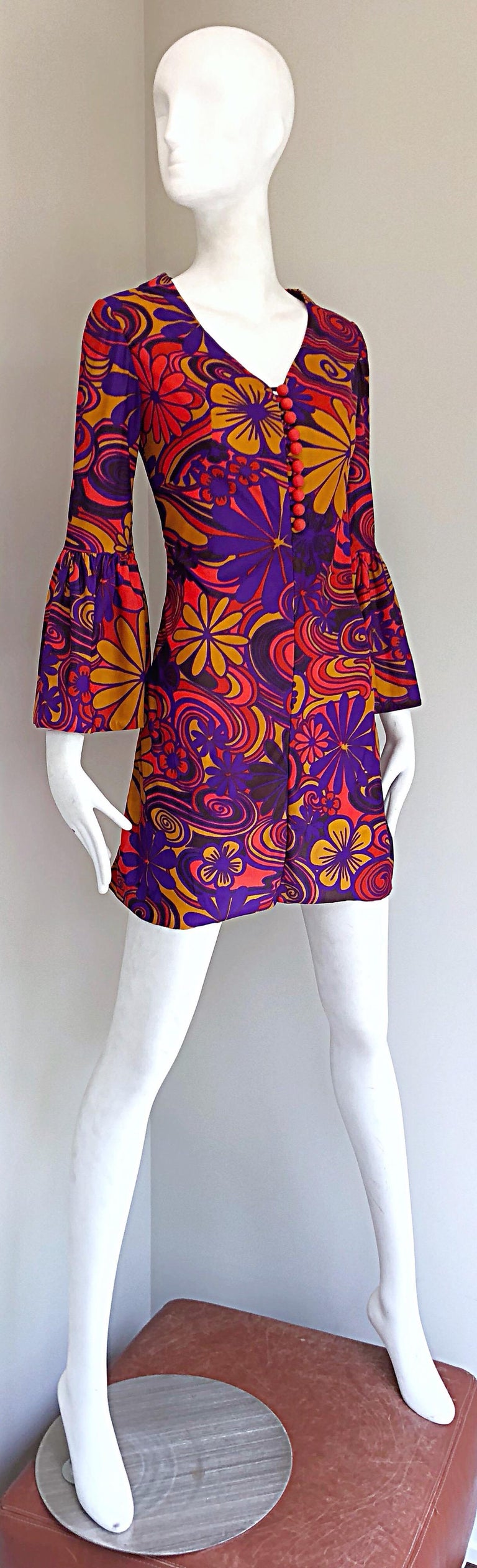 1970s Purple + Orange + Blue Flower Power Vintage 70s Tunic Mini Dress ...