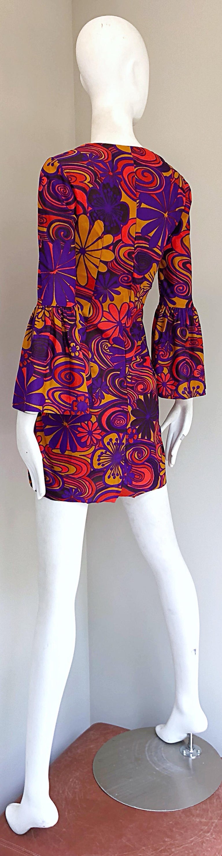 1970s Purple + Orange + Blue Flower Power Vintage 70s Tunic Mini Dress ...