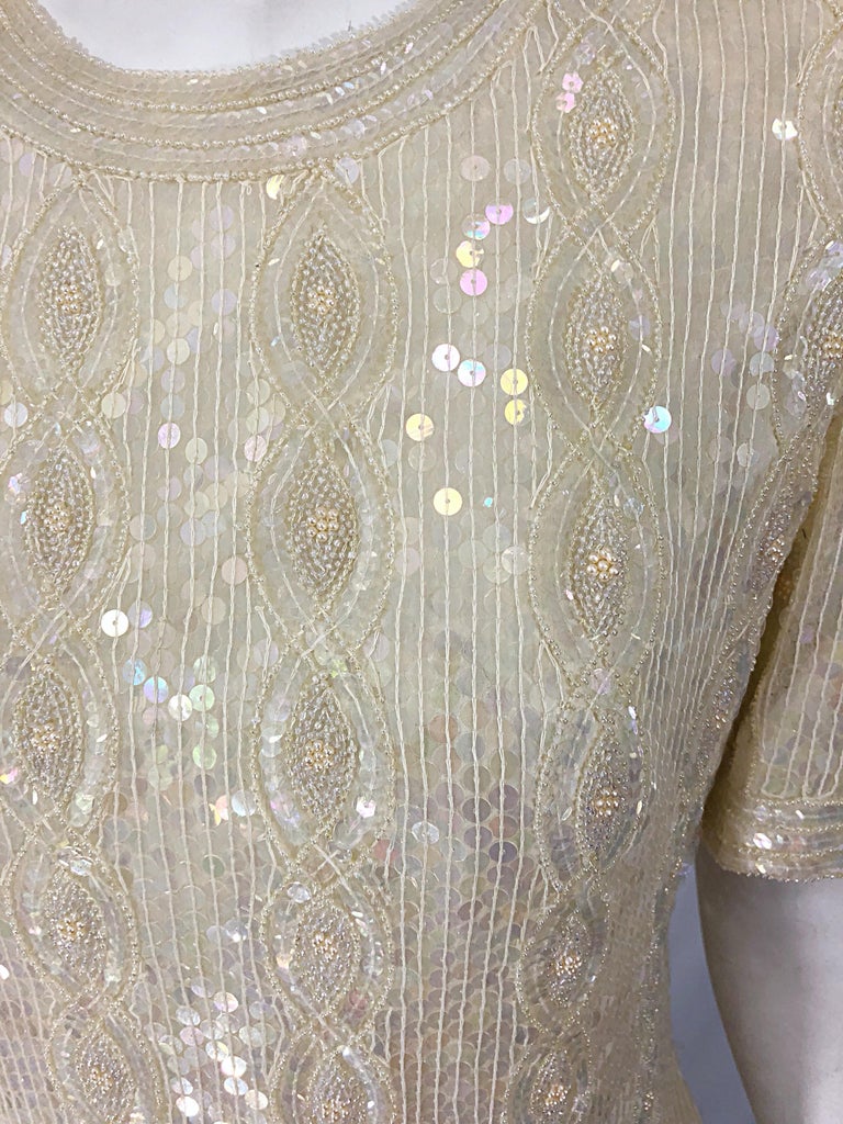 Beautiful Vintage Ivory Off White Sequin Beaded Pearl Encrusted Silk ...
