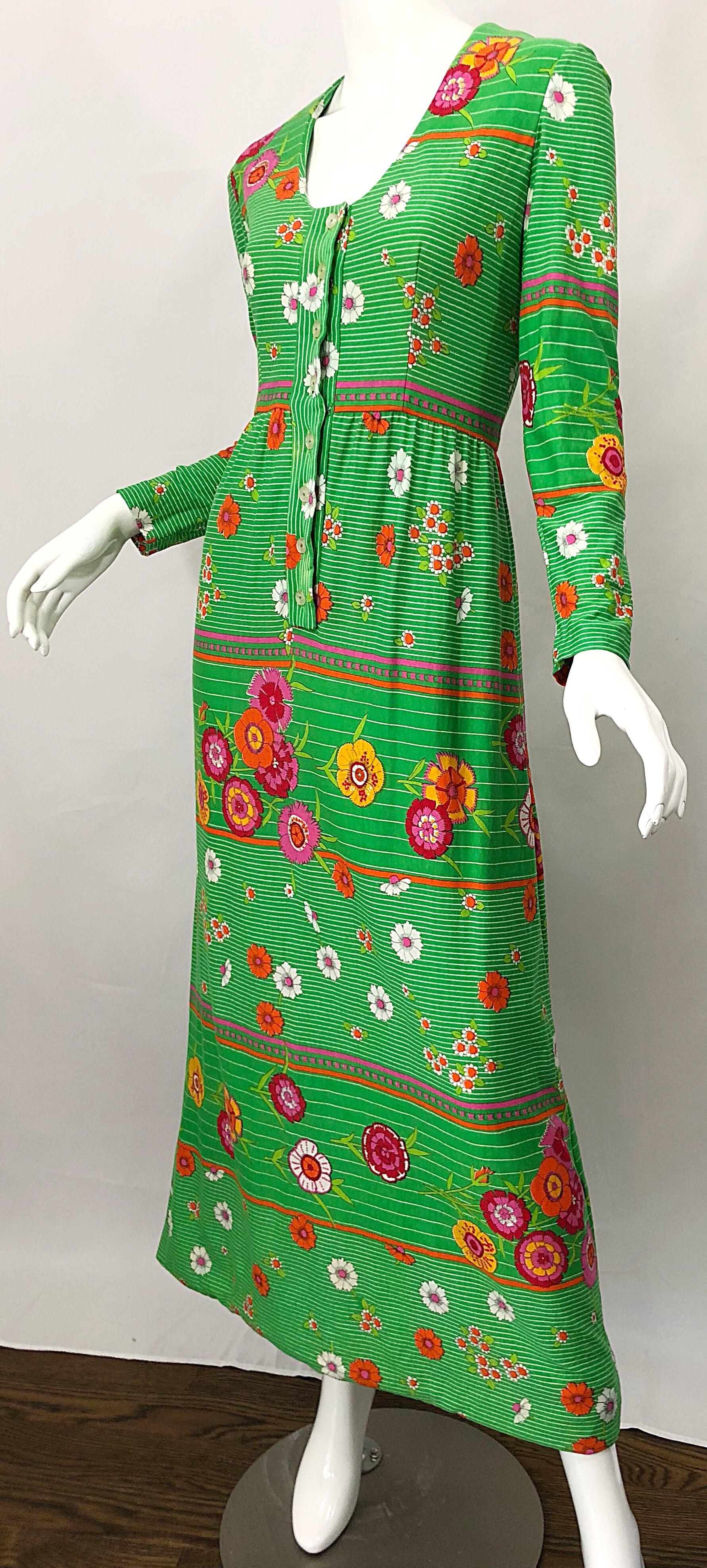 1970s Rodrigues Lime Green Stripes + Flowers Long Sleeve Vintage 70s ...