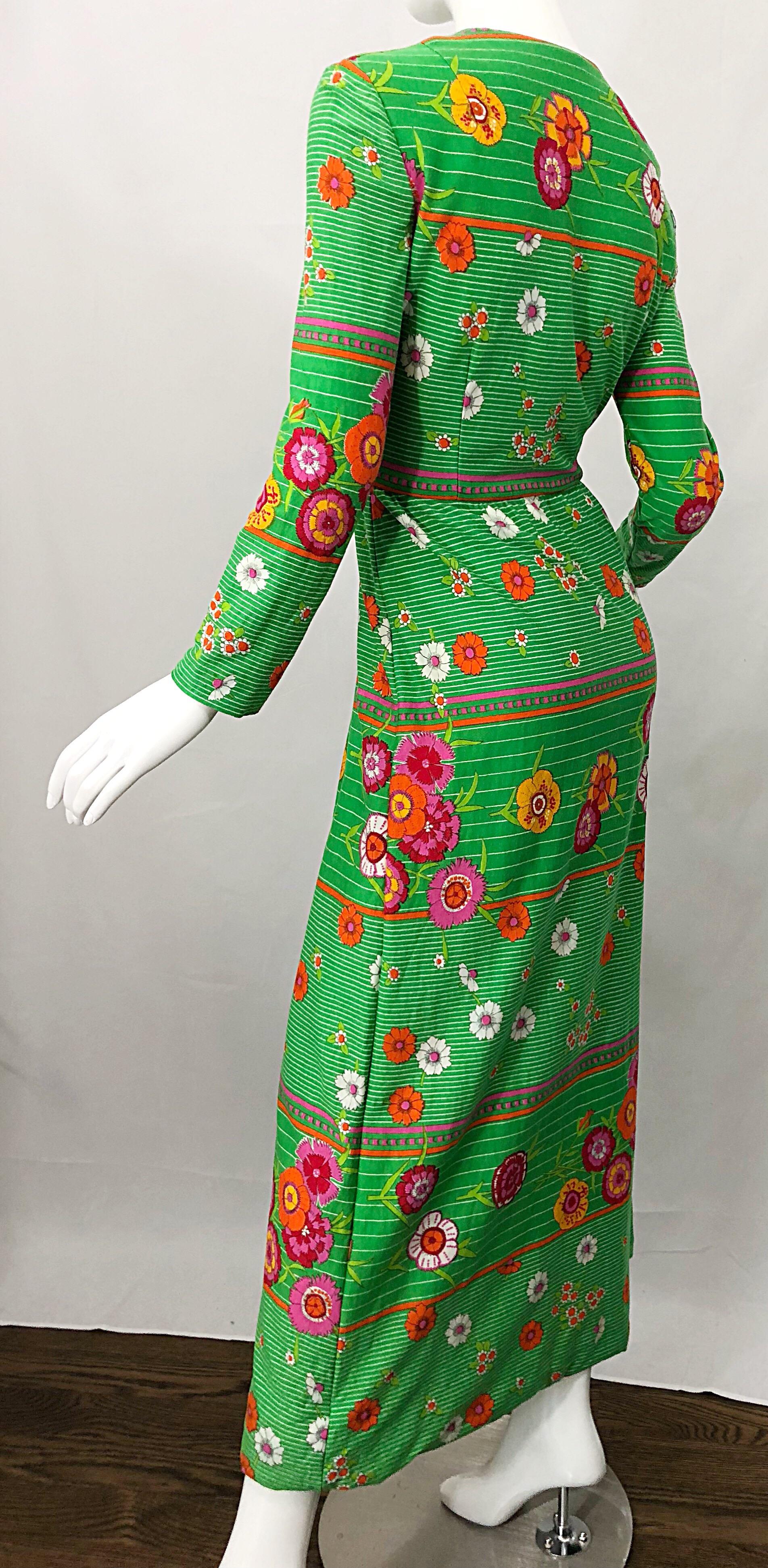 1970s Rodrigues Lime Green Stripes + Flowers Long Sleeve Vintage 70s ...
