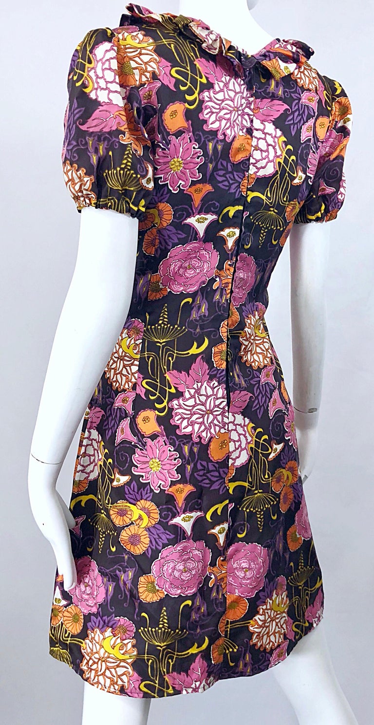 Chic 1960s Lotus Orchid Novelty Flower Print Short Puff Sleeve A Line ...