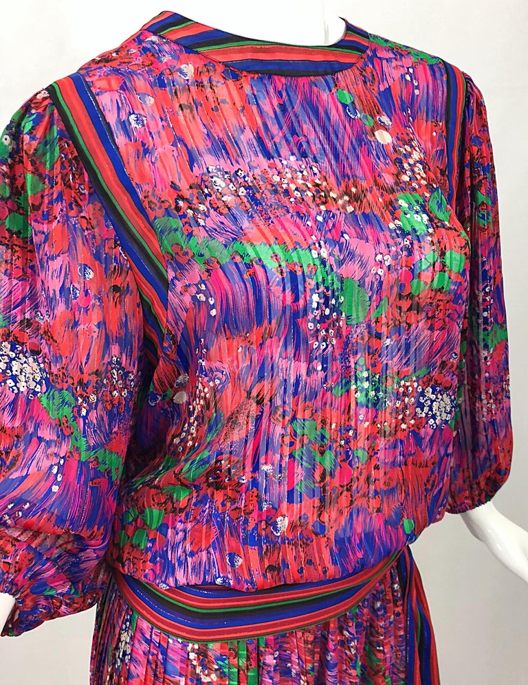 Vintage Diane Freis 1980s Pink Purple Green Flowers Stripes Top and ...